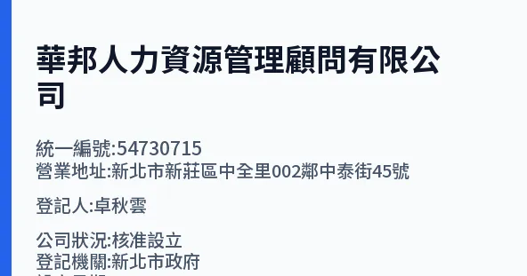 華邦人力資源管理顧問有限公司的照片-統編 54730715(新北市) 公司登記資料與營業項目詳細圖表