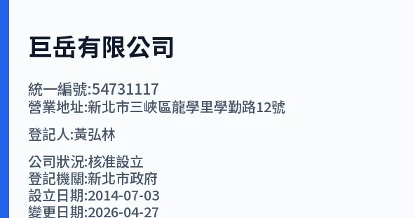 巨岳有限公司的照片-統編 54731117(新北市) 公司登記資料與營業項目詳細圖表