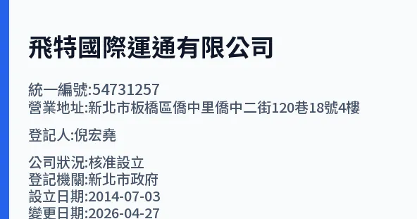飛特國際運通有限公司的照片-統編 54731257(新北市) 公司登記資料與營業項目詳細圖表