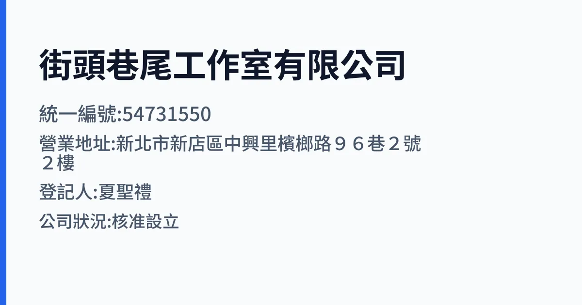 街頭巷尾工作室有限公司 - 統編 54731550(新北市) 公司登記資料與營業項目詳細圖表