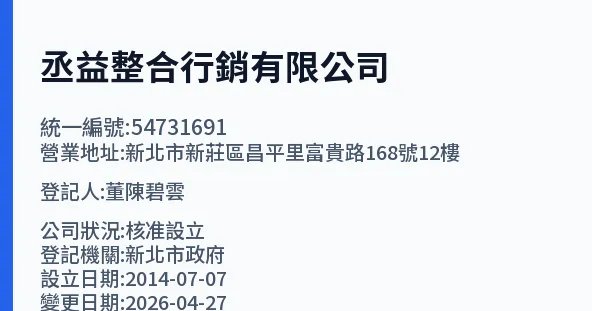 丞益整合行銷有限公司的照片-統編 54731691(新北市) 公司登記資料與營業項目詳細圖表