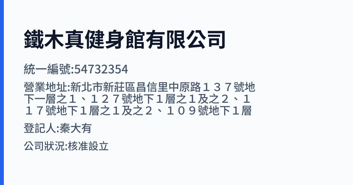 鐵木真健身館有限公司 - 統編 54732354(新北市) 公司登記資料與營業項目詳細圖表