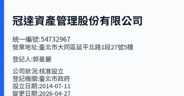 冠達資產管理股份有限公司的照片-統編 54732967(臺北市) 公司登記資料與營業項目詳細圖表