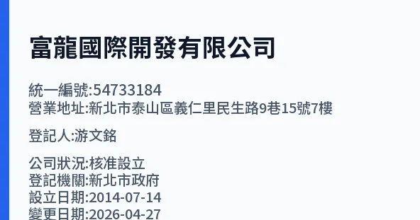 富龍國際開發有限公司的照片-統編 54733184(新北市) 公司登記資料與營業項目詳細圖表