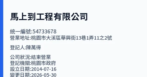 馬上到工程有限公司的照片-統編 54733678(桃園市) 公司登記資料與營業項目詳細圖表