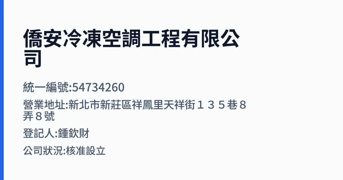 僑安冷凍空調工程有限公司 - 統編 54734260(新北市) 公司登記資料與營業項目詳細圖表