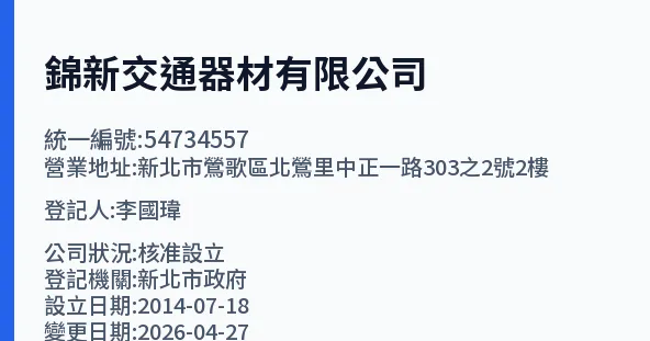 錦新交通器材有限公司的照片-統編 54734557(新北市) 公司登記資料與營業項目詳細圖表