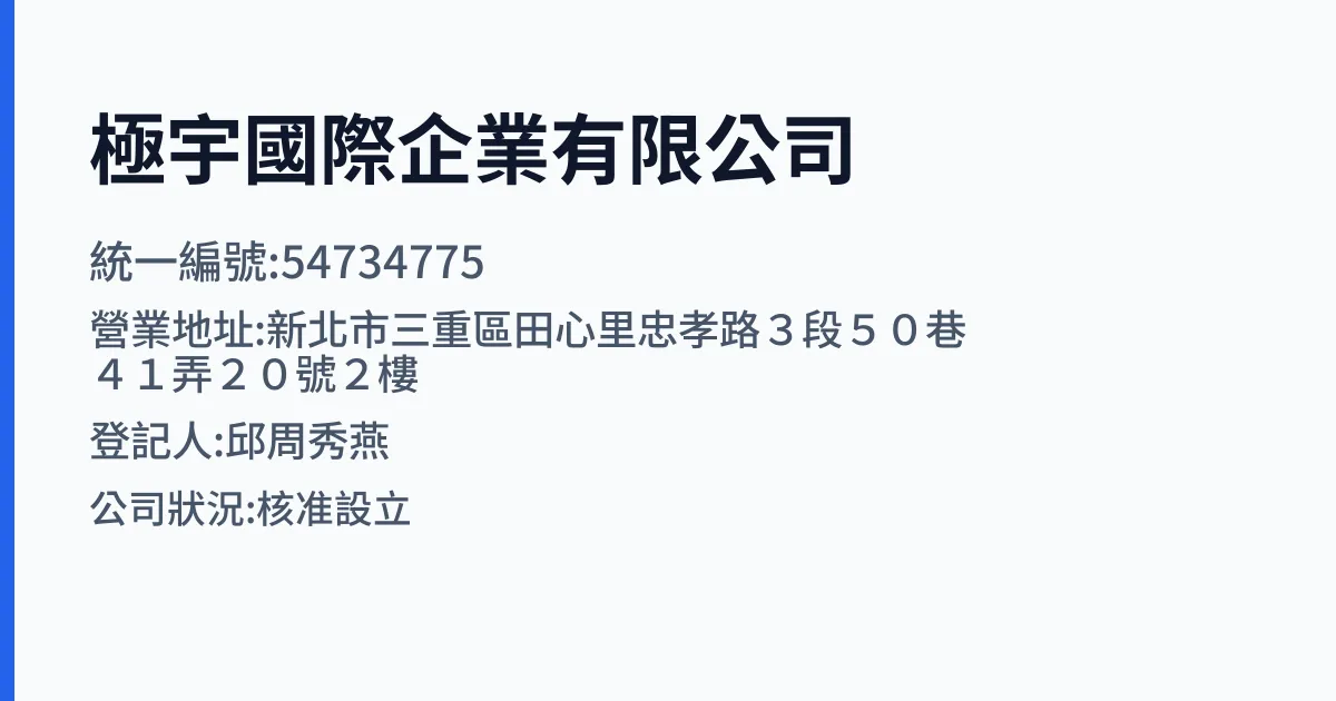 極宇國際企業有限公司 - 統編 54734775(新北市) 公司登記資料與營業項目詳細圖表