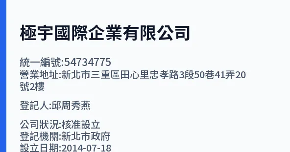極宇國際企業有限公司的照片-統編 54734775(新北市) 公司登記資料與營業項目詳細圖表