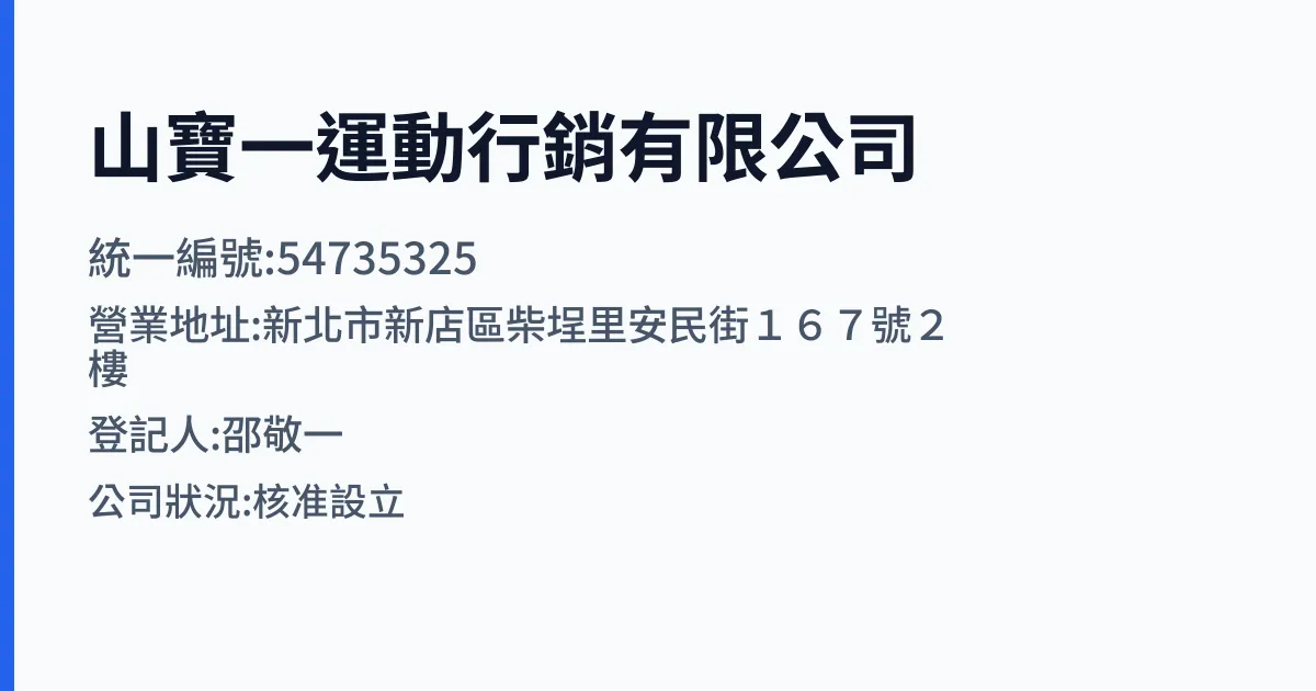 山寶一運動行銷有限公司 - 統編 54735325(新北市) 公司登記資料與營業項目詳細圖表