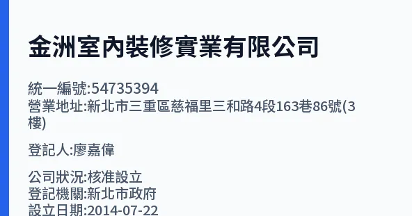 金洲室內裝修實業有限公司的照片-統編 54735394(新北市) 公司登記資料與營業項目詳細圖表