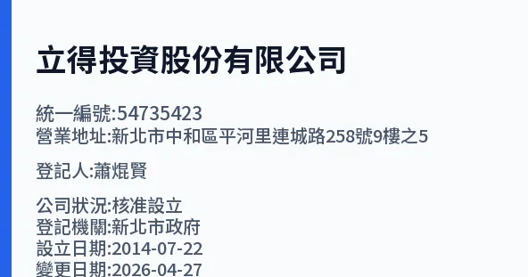 立得投資股份有限公司的照片-統編 54735423(新北市) 公司登記資料與營業項目詳細圖表
