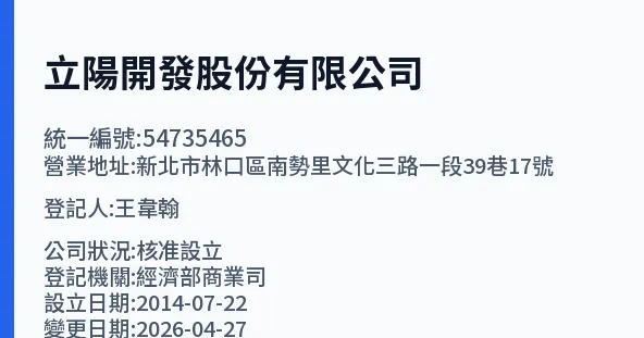 立陽開發股份有限公司的照片-統編 54735465(新北市) 公司登記資料與營業項目詳細圖表