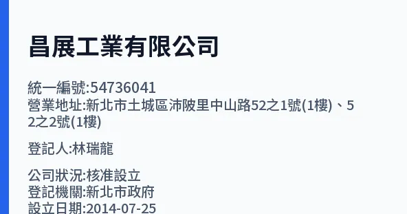 昌展工業有限公司的照片-統編 54736041(新北市) 公司登記資料與營業項目詳細圖表