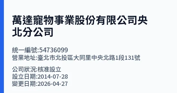 萬達寵物事業股份有限公司央北分公司的照片-統編 54736099(臺北市) 公司登記資料與營業項目詳細圖表