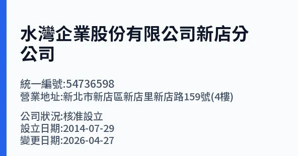 水灣企業股份有限公司新店分公司的照片-統編 54736598(新北市) 公司登記資料與營業項目詳細圖表