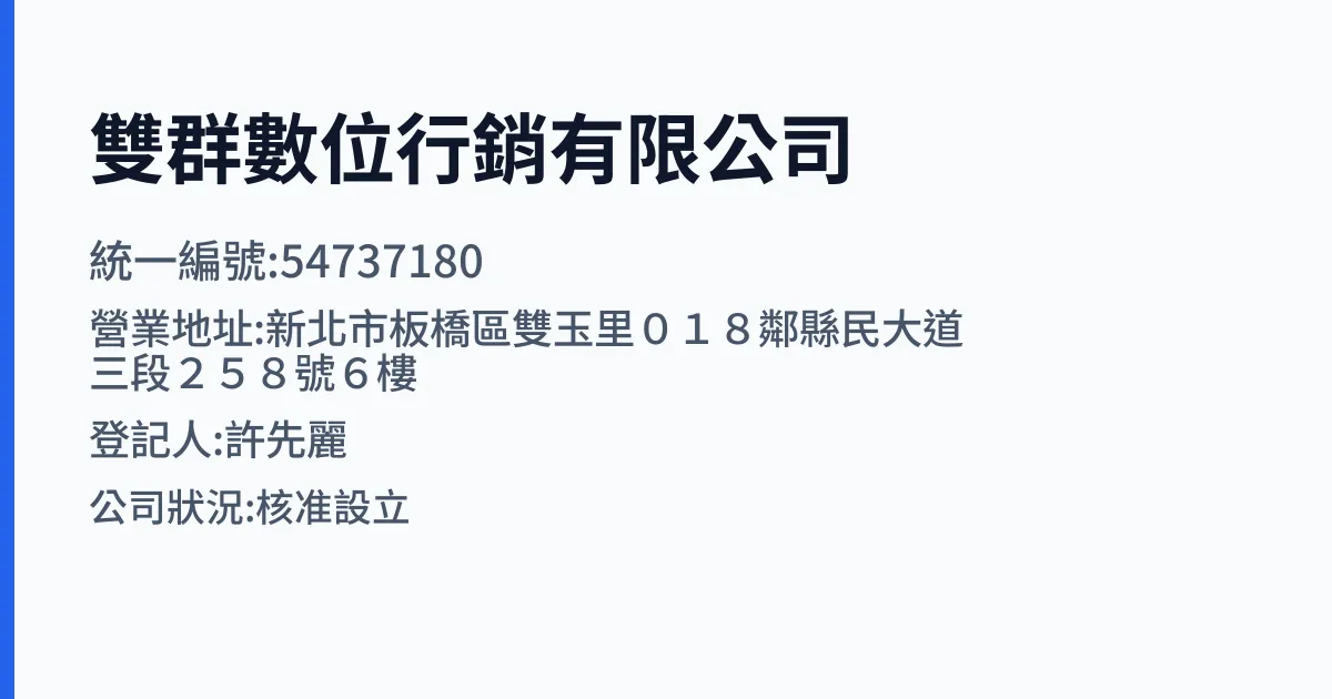 雙群數位行銷有限公司 - 統編 54737180(新北市) 公司登記資料與營業項目詳細圖表