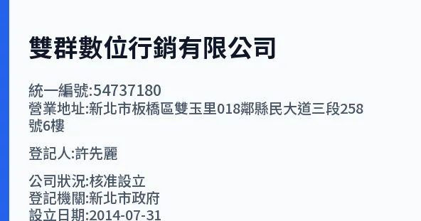 雙群數位行銷有限公司的照片-統編 54737180(新北市) 公司登記資料與營業項目詳細圖表