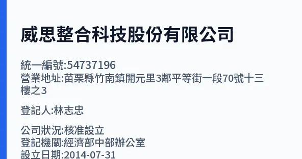 威思整合科技股份有限公司的照片-統編 54737196(苗栗縣) 公司登記資料與營業項目詳細圖表