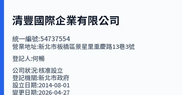 清豐國際企業有限公司的照片-統編 54737554(新北市) 公司登記資料與營業項目詳細圖表