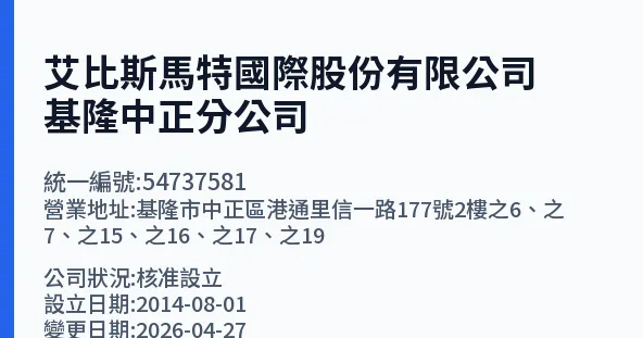 艾比斯馬特國際股份有限公司基隆中正分公司的照片-統編 54737581(基隆市) 公司登記資料與營業項目詳細圖表