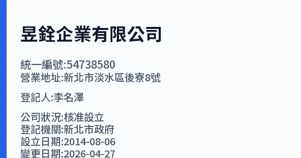 昱銓企業有限公司的照片-統編 54738580(新北市) 公司登記資料與營業項目詳細圖表
