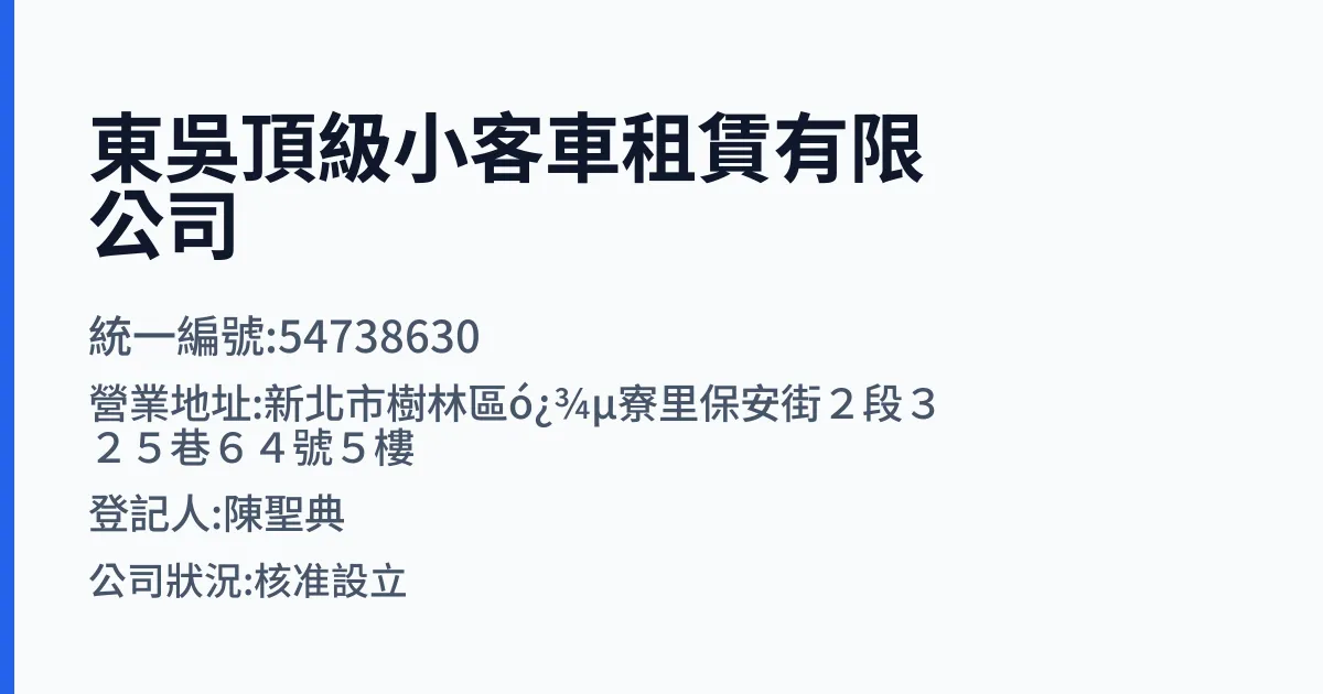 東吳頂級小客車租賃有限公司 - 統編 54738630（新北市） 公司登記資料與營業項目詳細圖表