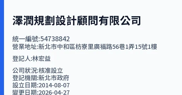 澤潤規劃設計顧問有限公司的照片-統編 54738842(新北市) 公司登記資料與營業項目詳細圖表
