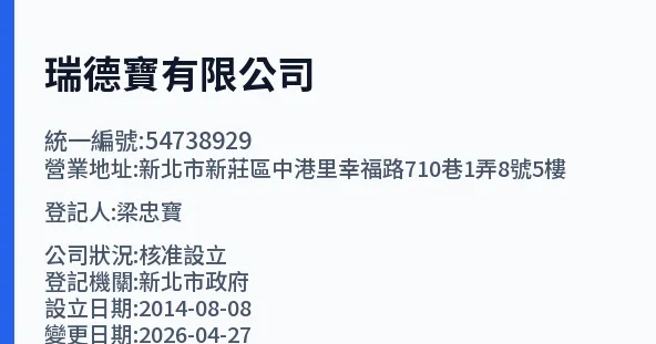 瑞德寶有限公司的照片-統編 54738929(新北市) 公司登記資料與營業項目詳細圖表
