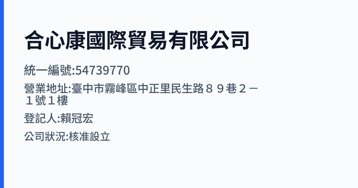 合心康國際貿易有限公司 - 統編 54739770(臺中市) 公司登記資料與營業項目詳細圖表