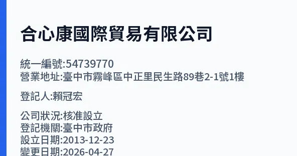 合心康國際貿易有限公司的照片-統編 54739770(臺中市) 公司登記資料與營業項目詳細圖表