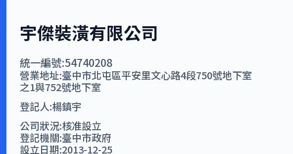 宇傑裝潢有限公司的照片-統編 54740208(臺中市) 公司登記資料與營業項目詳細圖表