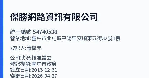 傑勝網路資訊有限公司的照片-統編 54740538(臺中市) 公司登記資料與營業項目詳細圖表