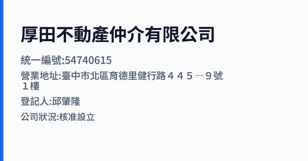 厚田不動產仲介有限公司 - 統編 54740615(臺中市) 公司登記資料與營業項目詳細圖表