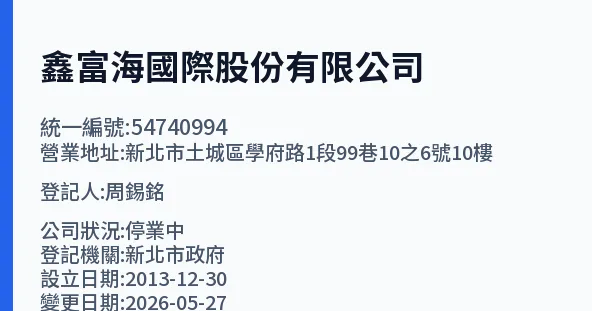 鑫富海國際股份有限公司的照片-統編 54740994(新北市) 公司登記資料與營業項目詳細圖表