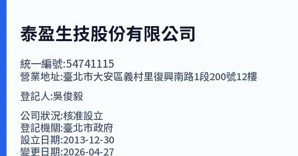 泰盈生技股份有限公司的照片-統編 54741115(臺北市) 公司登記資料與營業項目詳細圖表