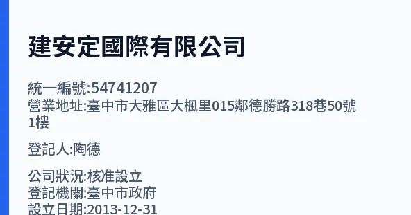 建安定國際有限公司的照片-統編 54741207(臺中市) 公司登記資料與營業項目詳細圖表
