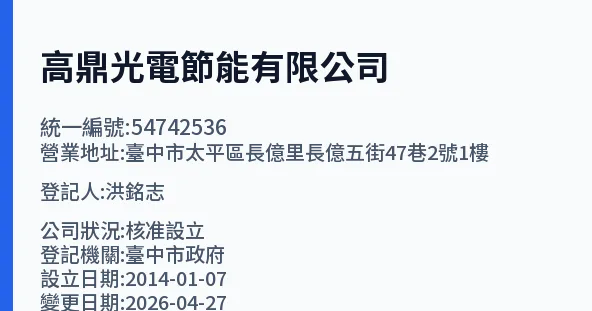 高鼎光電節能有限公司的照片-統編 54742536(臺中市) 公司登記資料與營業項目詳細圖表