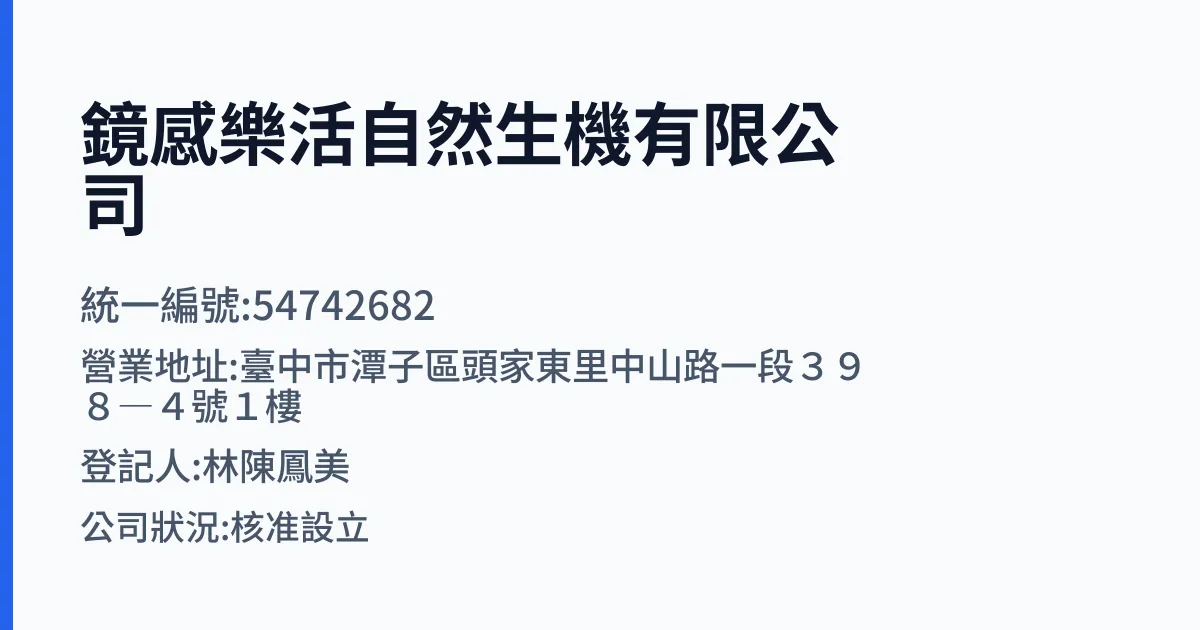 鏡感樂活自然生機有限公司 - 統編 54742682(臺中市) 公司登記資料與營業項目詳細圖表
