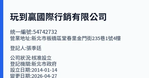 玩到贏國際行銷有限公司的照片-統編 54742732(新北市) 公司登記資料與營業項目詳細圖表