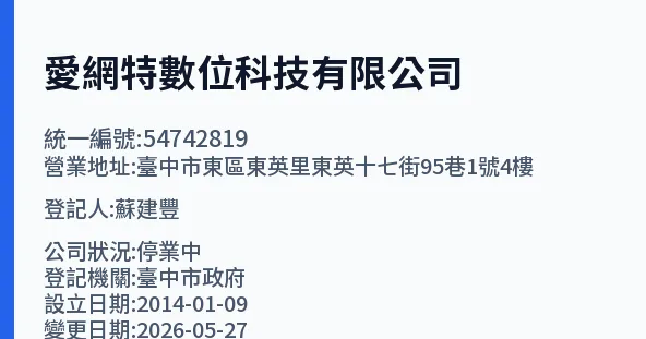 愛網特數位科技有限公司的照片-統編 54742819(臺中市) 公司登記資料與營業項目詳細圖表