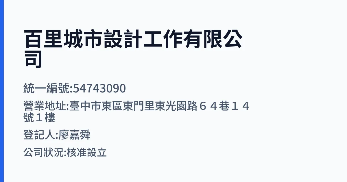百里城市設計工作有限公司 - 統編 54743090(臺中市) 公司登記資料與營業項目詳細圖表