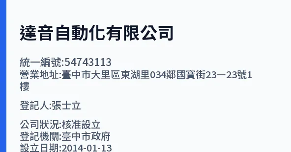 達音自動化有限公司的照片-統編 54743113(臺中市) 公司登記資料與營業項目詳細圖表