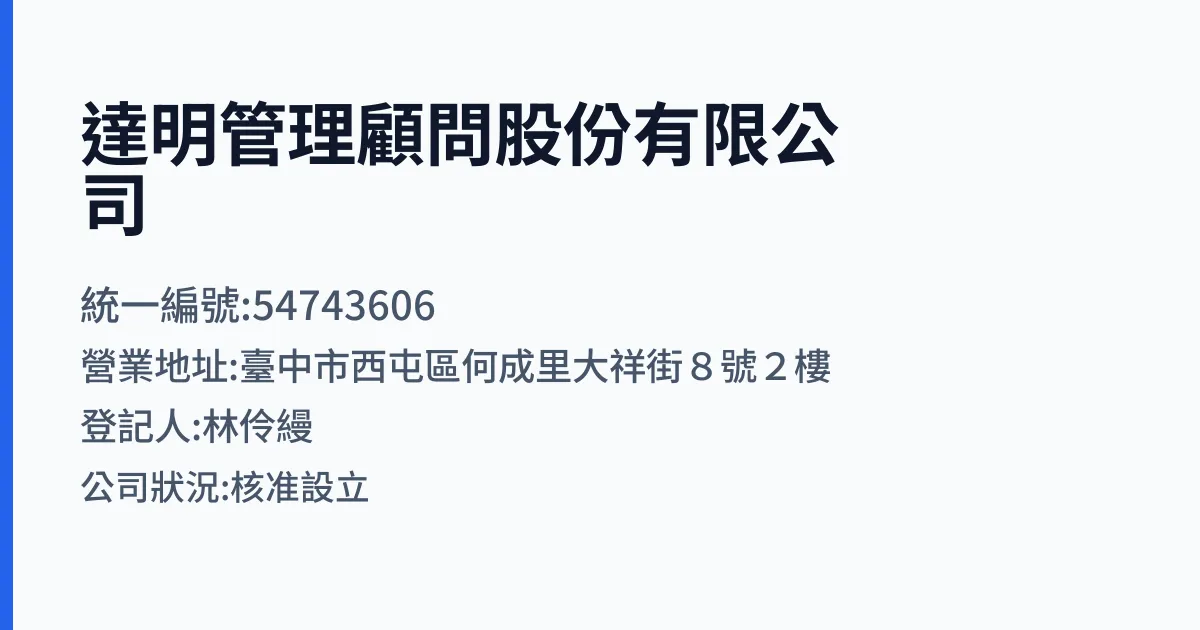 達明管理顧問股份有限公司 - 統編 54743606(臺中市) 公司登記資料與營業項目詳細圖表
