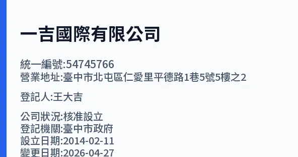 一吉國際有限公司的照片-統編 54745766(臺中市) 公司登記資料與營業項目詳細圖表