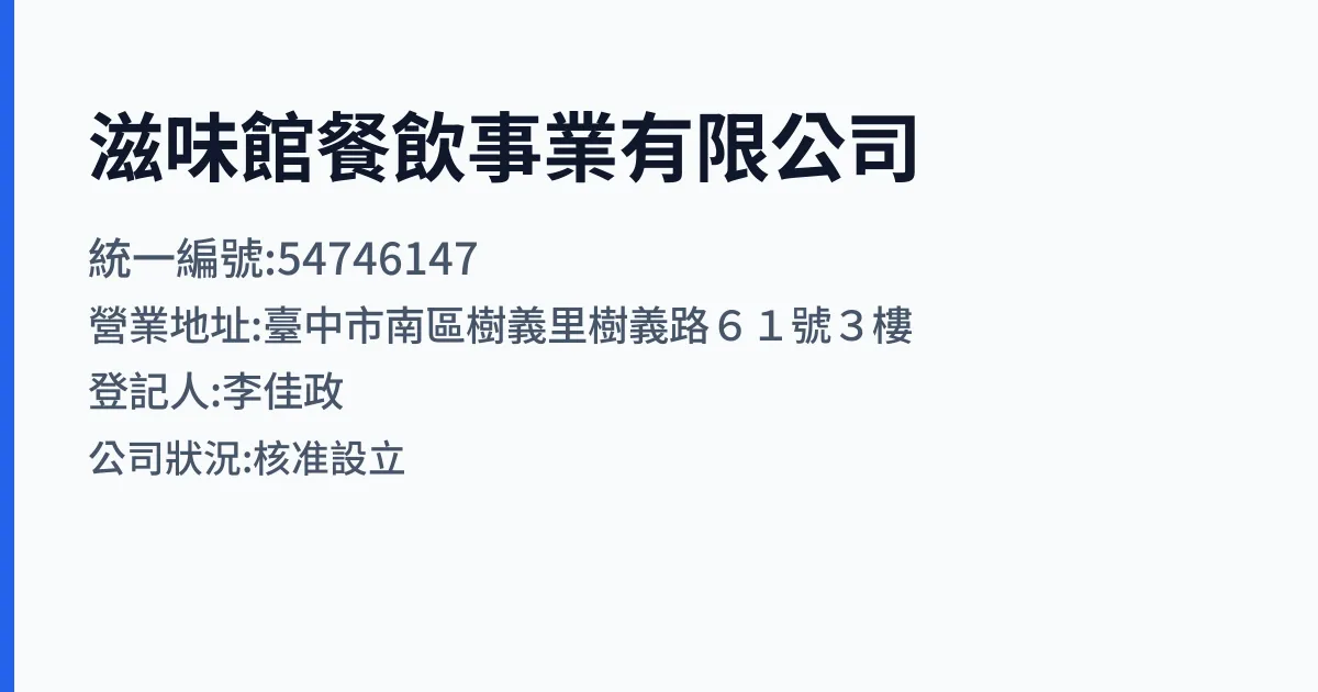 滋味館餐飲事業有限公司 - 統編 54746147(臺中市) 公司登記資料與營業項目詳細圖表