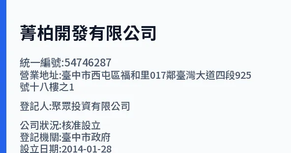 菁柏開發有限公司的照片-統編 54746287(臺中市) 公司登記資料與營業項目詳細圖表