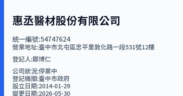 惠丞醫材股份有限公司的照片-統編 54747624(臺中市) 公司登記資料與營業項目詳細圖表