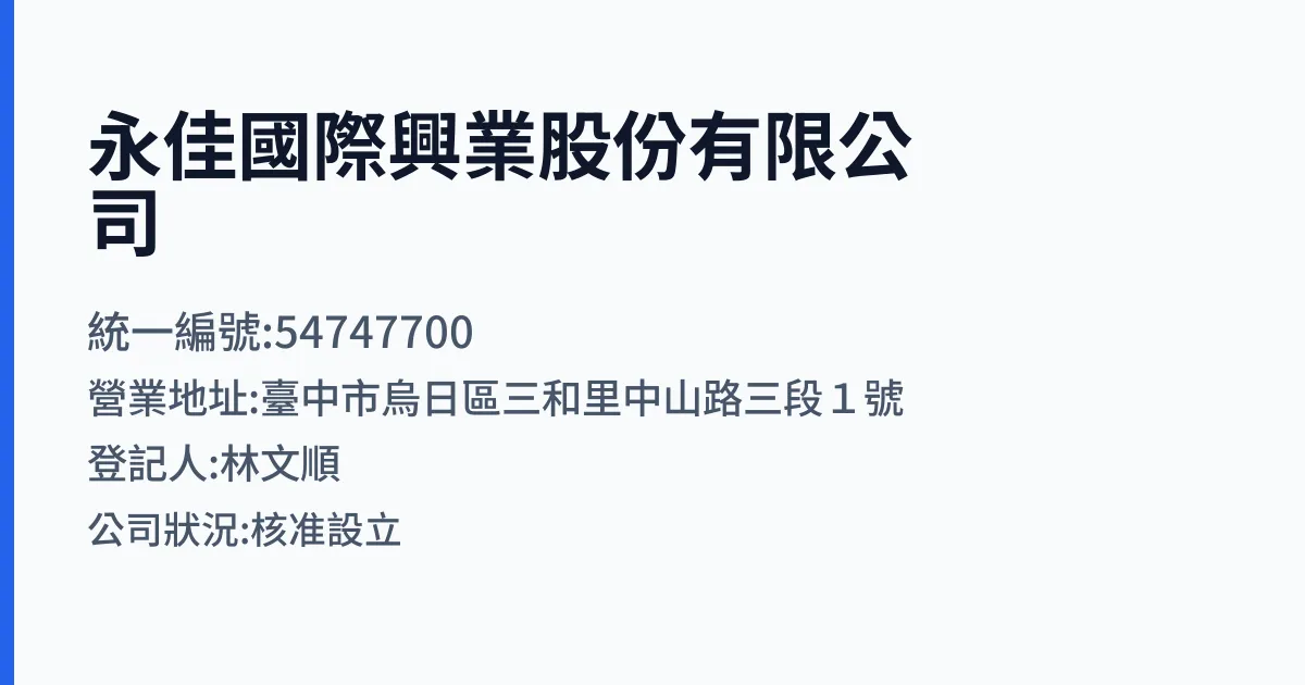 永佳國際興業股份有限公司 - 統編 54747700(臺中市) 公司登記資料與營業項目詳細圖表
