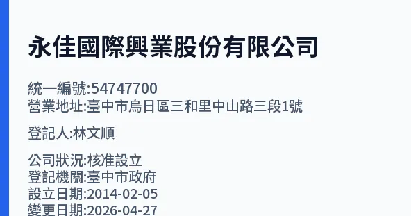 永佳國際興業股份有限公司的照片-統編 54747700(臺中市) 公司登記資料與營業項目詳細圖表